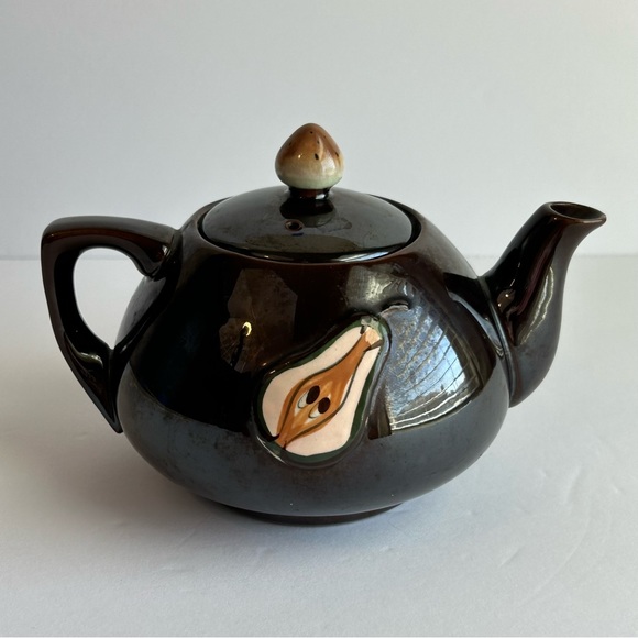 Kitchen | Vintage Redware Teapot Brown With Hand Painted Pears | Poshmark